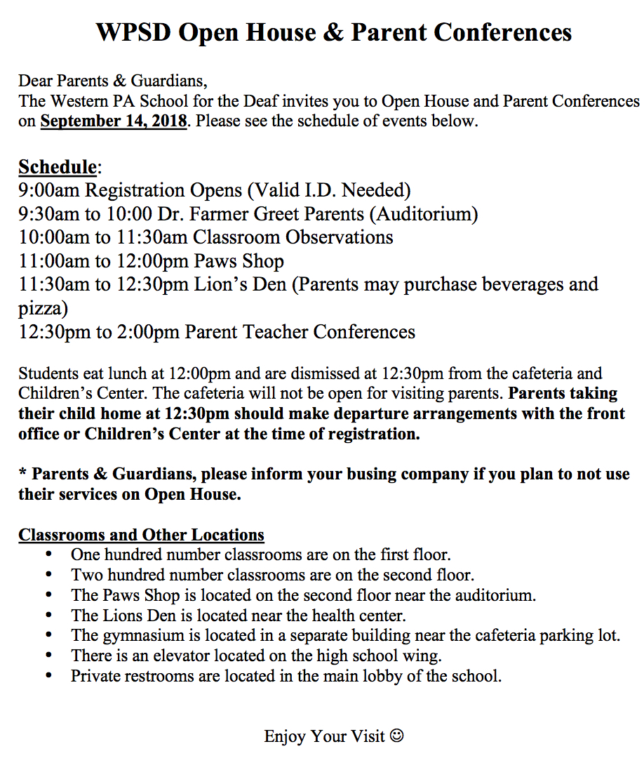 WPSD Open House & Parent Conferences. – Western Pennsylvania School for ...
